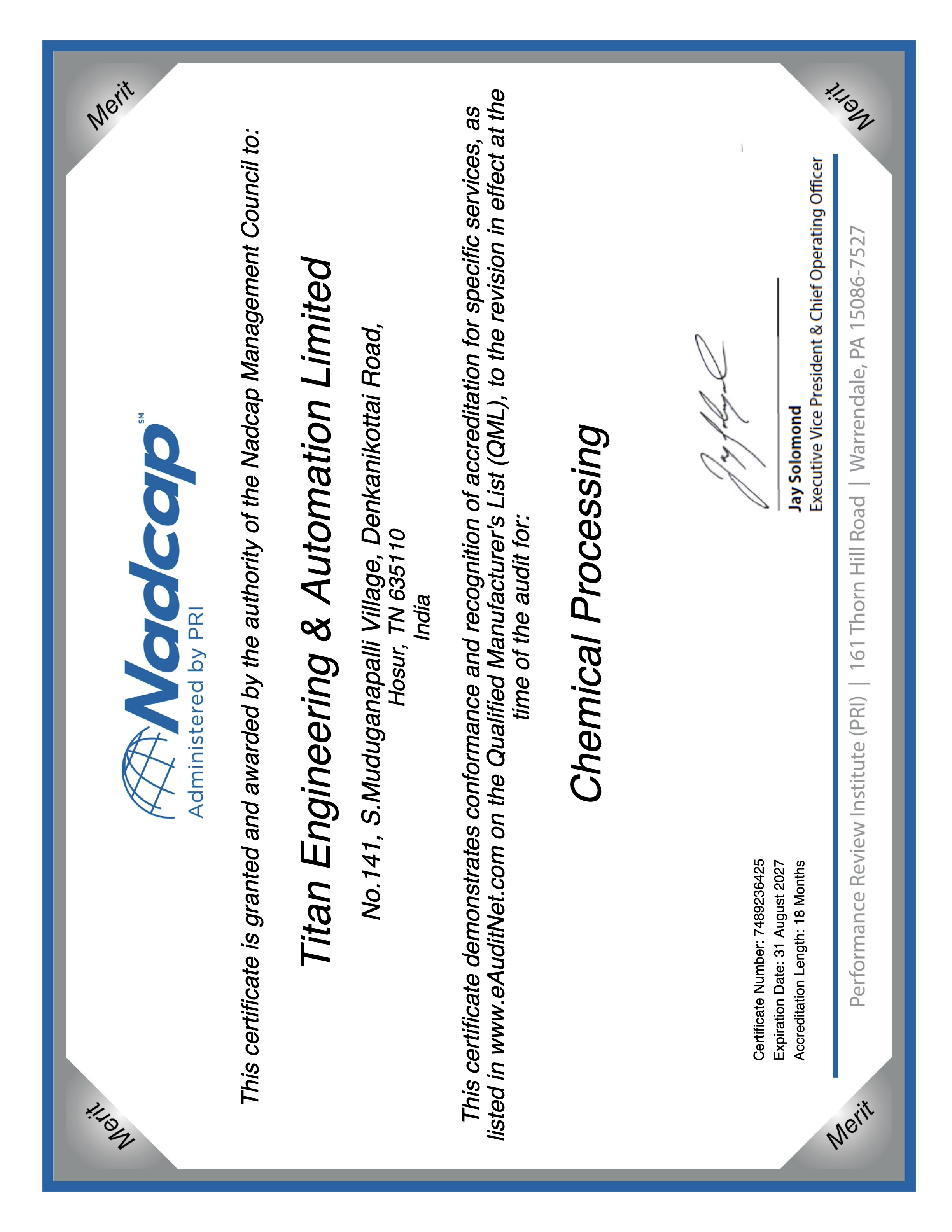 Chemical Processing_Certificate Nadcap (Aerospace) | TEAL